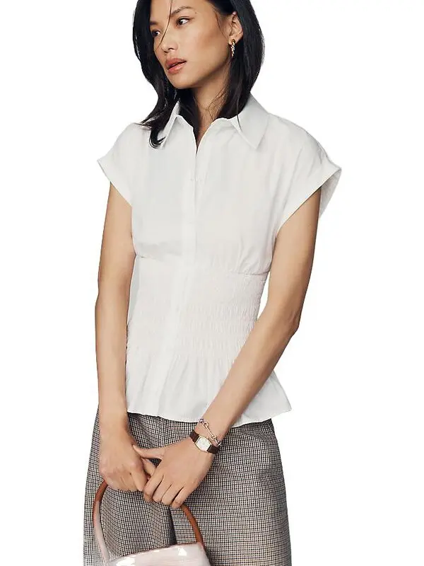 Maeve Cotton Smocked Blouse With Shirt Collar - White