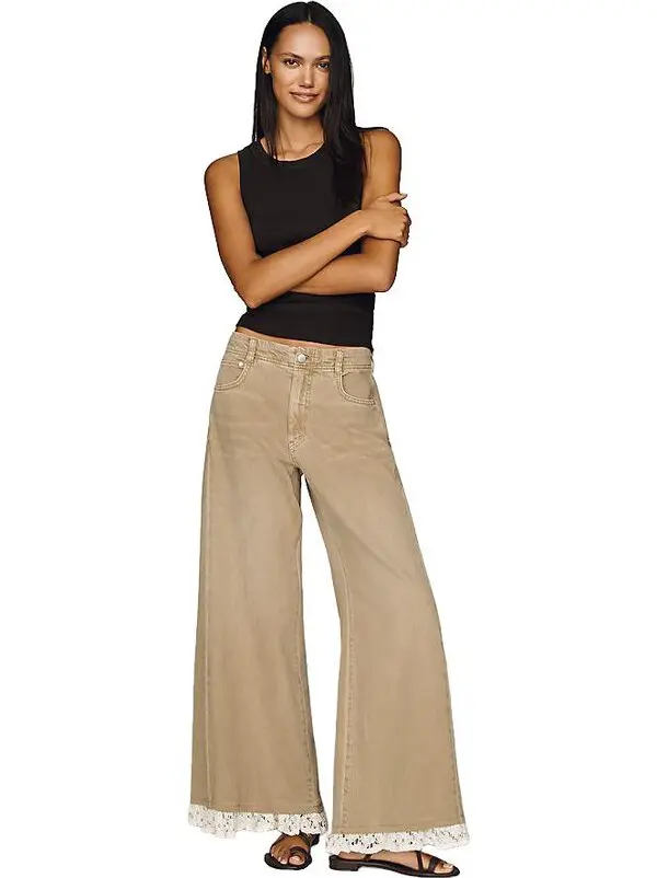 PILCRO Adi Mid-rise Relaxed Wide-leg Jeans With Lace Trim - Tan