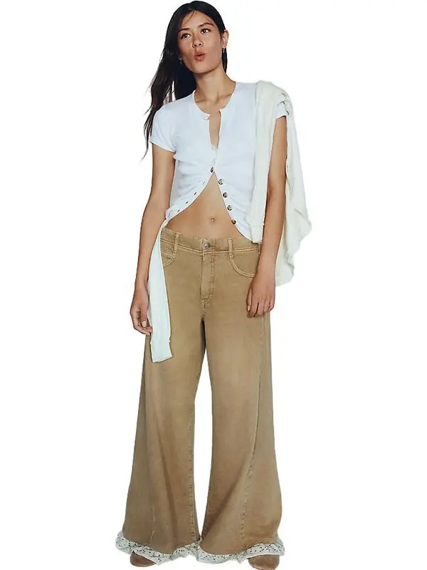 PILCRO Adi Mid-rise Relaxed Wide-leg Jeans With Lace Trim - Tan