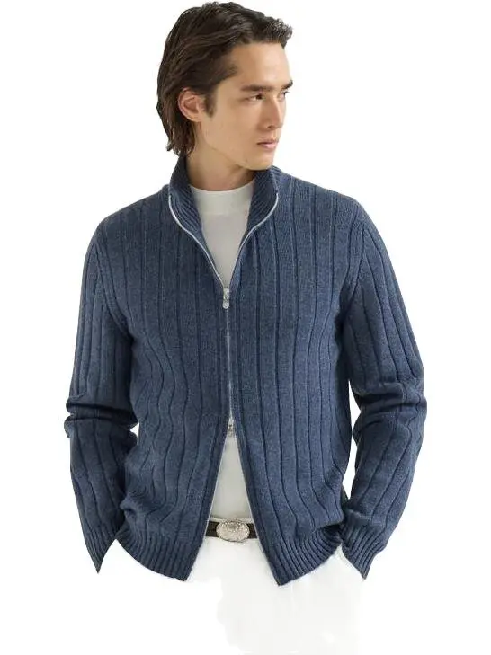 Brunello Cucinelli Ribbed Cashmere Zip-up Cardigan - Denim