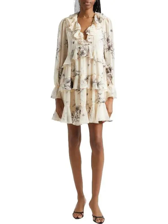 Cinq À Sept Floral Tiered Ruffle Trim Dress - Gardenia/black