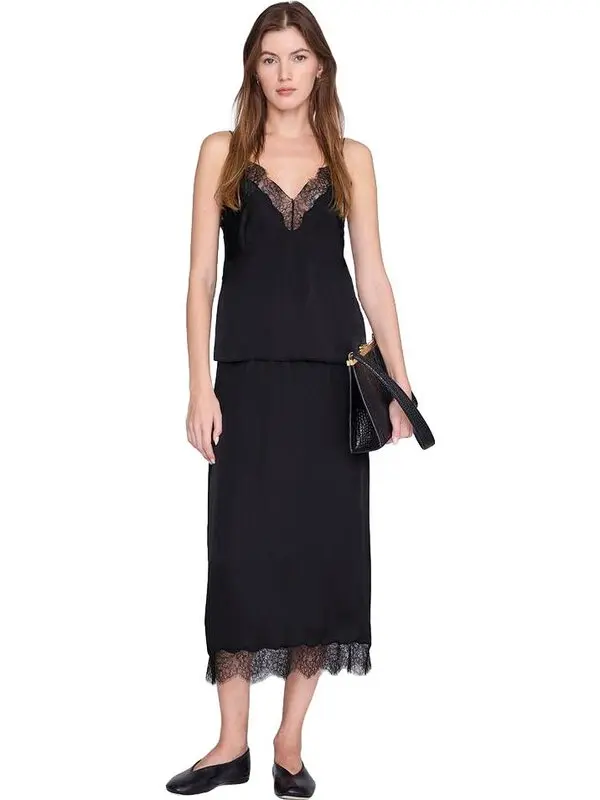 ANINE BING Shelby Satin Midi Skirt With Lace Trim - Black