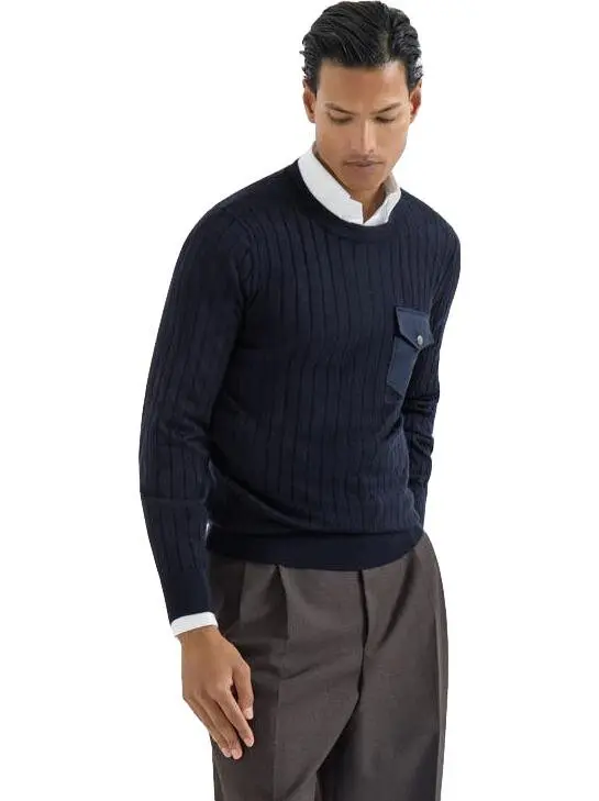 Brunello Cucinelli Cashmere And Silk Ribbed Sweater With Chest Pocket - Navy Blue