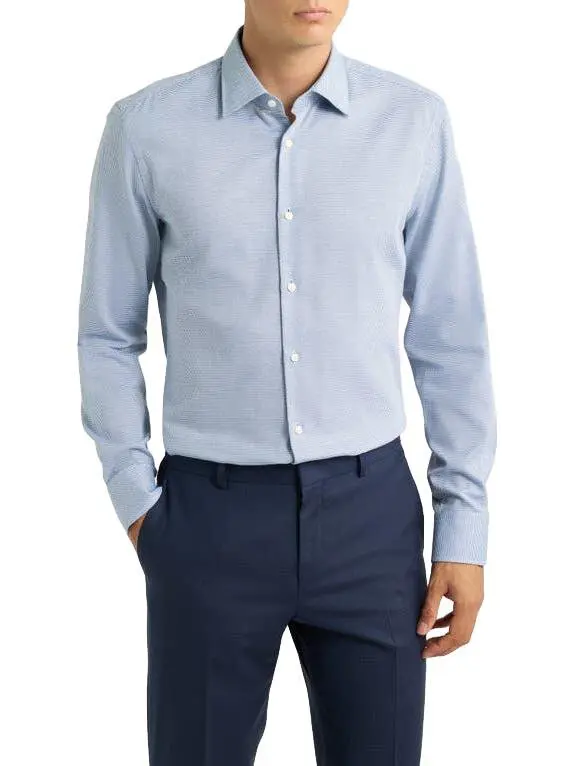 BOSS Hank Slim Fit Micropattern Cotton Dobby Dress Shirt - Blue