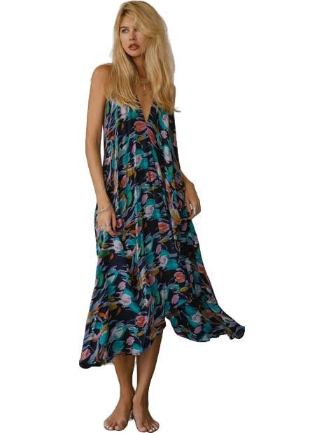 SUN CHILD Classic Silk Halterneck Dress - Navy Multi