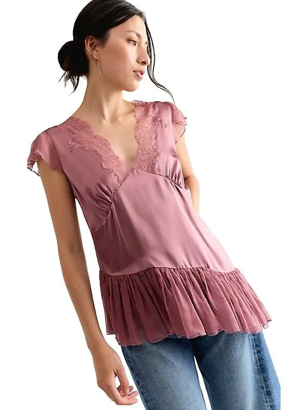 MES DEMOISELLES Sibilla Silk Top With Lace Trim - Mauve
