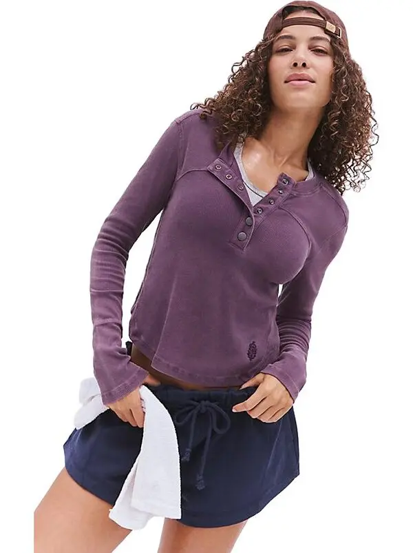 Free People Cool Down Solid Crew Henley Long Sleeve Top - Blackberry