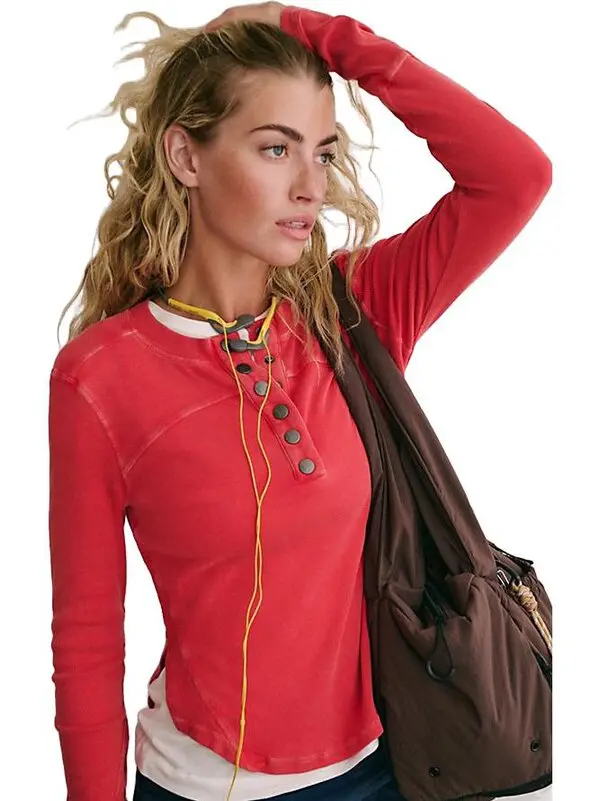 Free People Long Sleeve Henley Top - Candy Apple