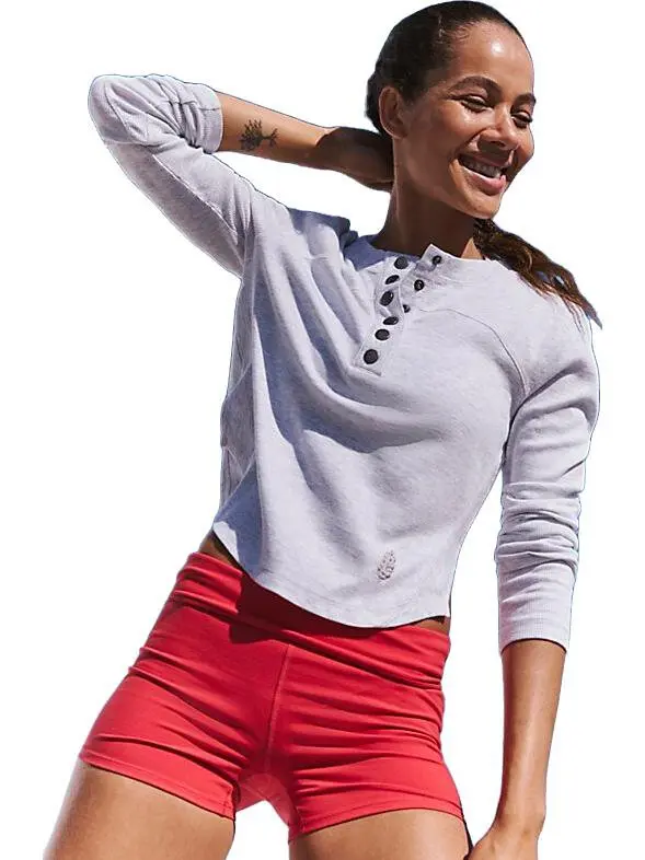 Free People Cool Down Solid Crew Henley Long Sleeve Top - Heather Grey