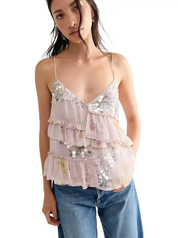 Free People Saltwater Shine Ruffled Sequin Tank - Lavender Combo