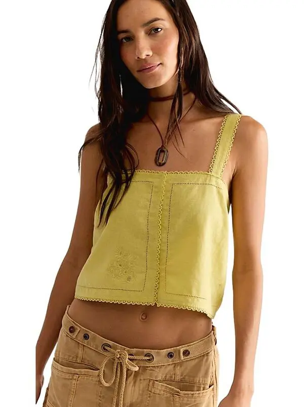 Free People Embroidered Square Neck Cropped Top - Dusted Palm