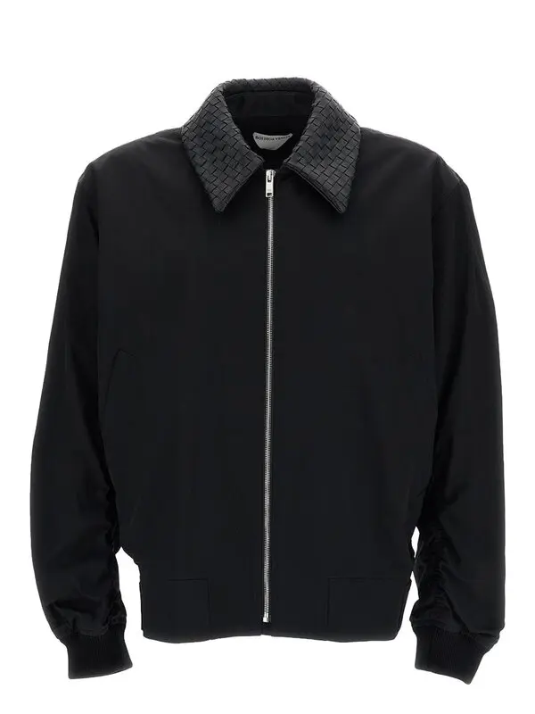 Bottega Veneta Cotton Blend Bomber Jacket With Intrecciato Collar - Nero