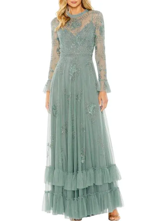 Mac Duggal Beaded Embroidered Tulle Long Sleeve Gown - Spruce