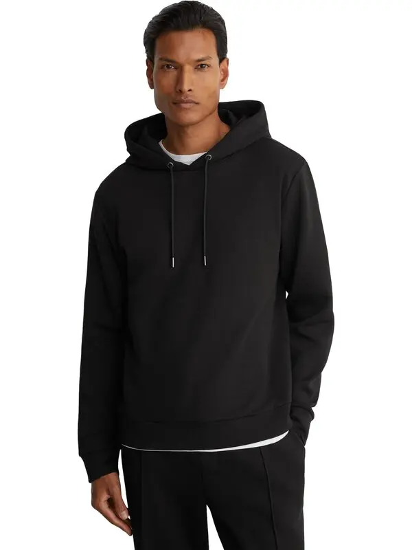 REISS Dane Premium Interlock Hoodie - Black