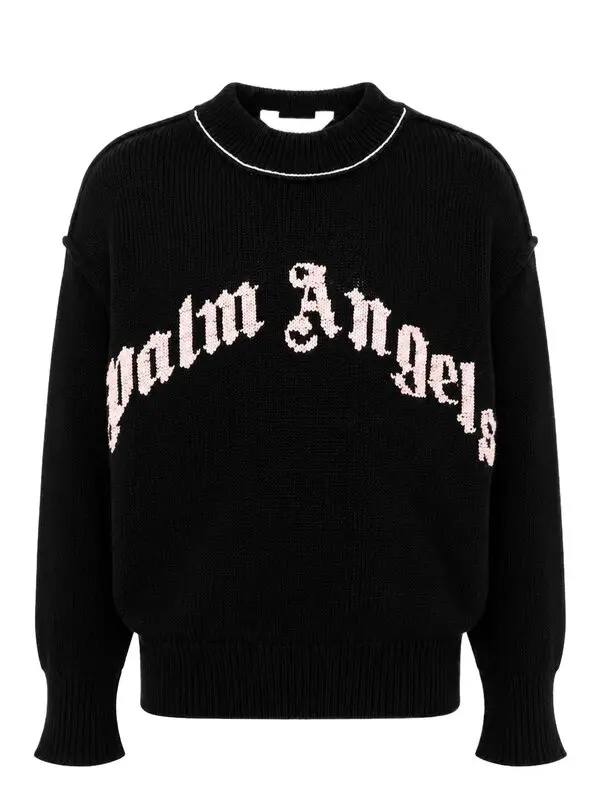 Palm Angels Crew Neck Knit Top With Logo - Black