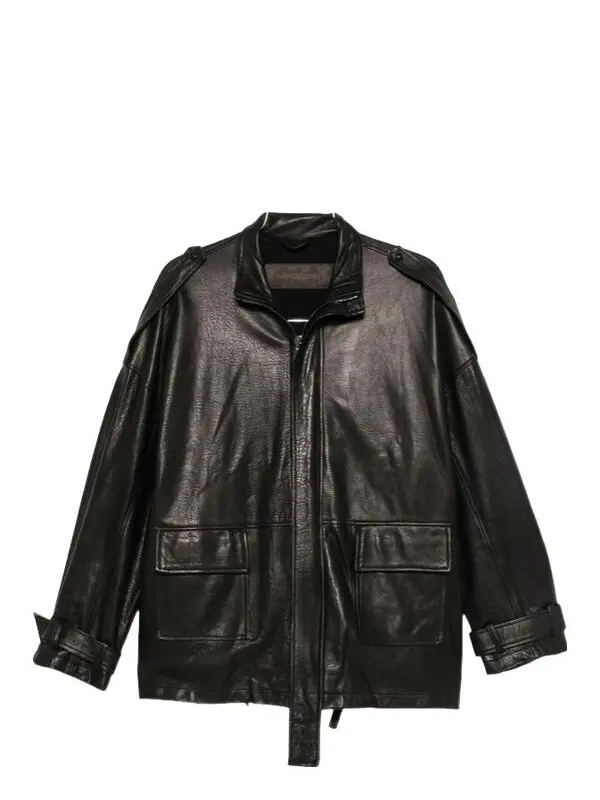 GIORGIO BRATO Long Sleeve Leather Jacket With High Neck - Black