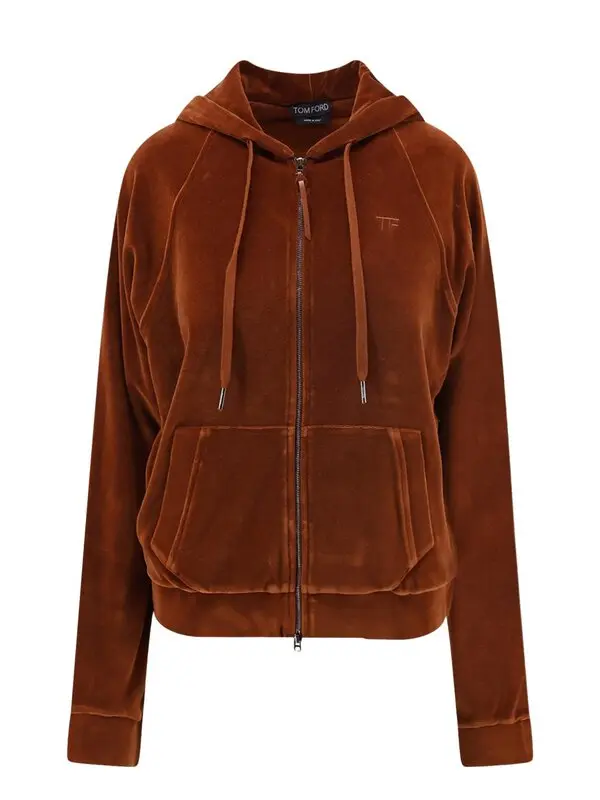TOM FORD Zip-up Drawstring Hoodie With Embroidered Logo - Brown