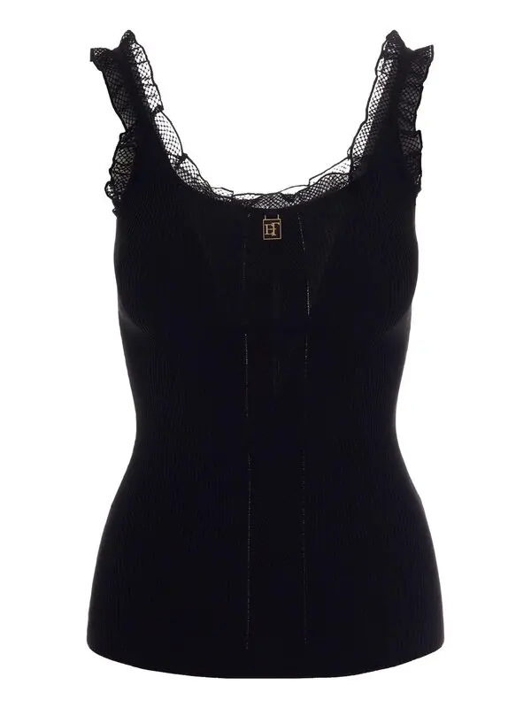 Elisabetta Franchi Logo Plaque Lace-trim Ribbed Top - No