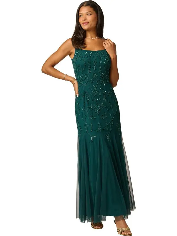 Adrianna Papell Square Neck Sequined Gown - Gem Green