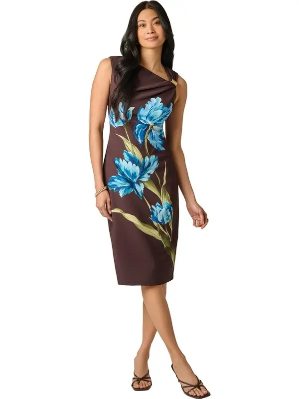 Adrianna Papell Asymmetrical Floral Printed Stretch Crepe Midi Dress - Brown Multi