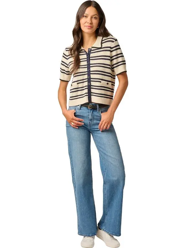 Adrianna Papell Short Sleeve Textured Knit Collared Cardigan - Cream/navy