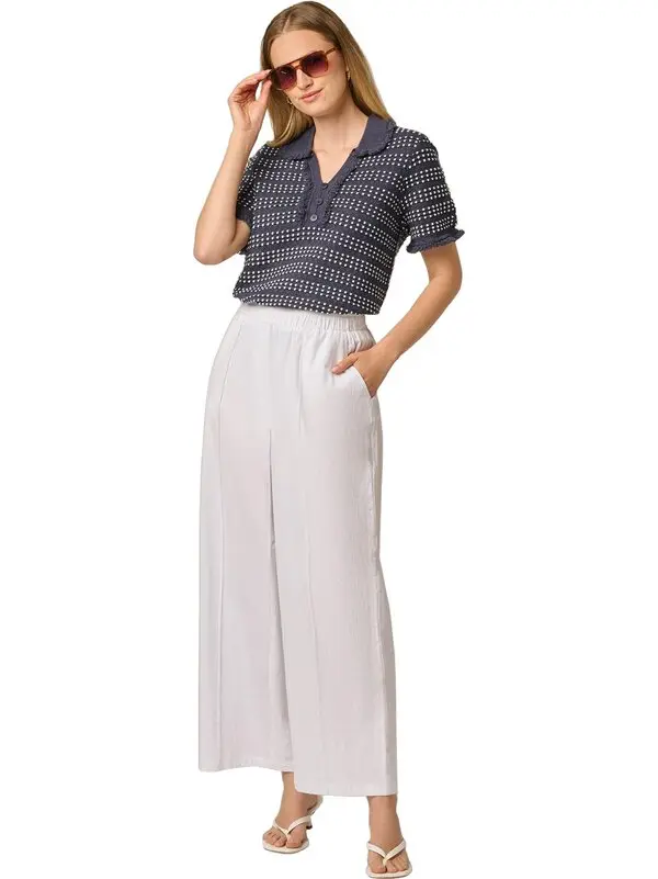 Adrianna Papell Fringe Trim Textured Polo Sweater - Navy/ivory