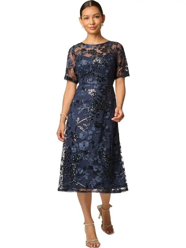 Adrianna Papell Petite Sequin Embroidered Midi Dress - Navy
