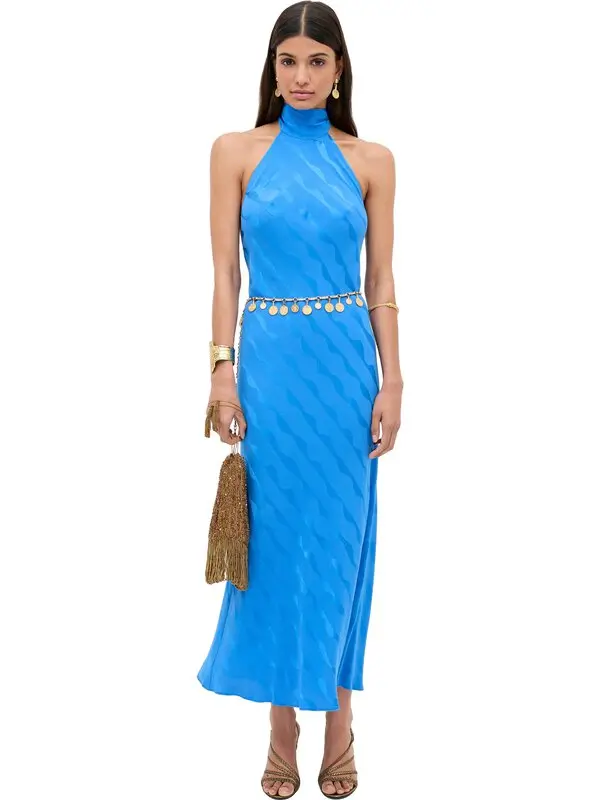 Rixo Maura Wave Jacquard Halterneck Maxi Dress - Blue