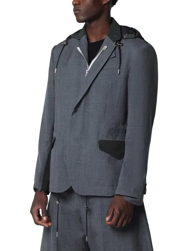 Sacai Hybrid Wool And Nylon Jacket With Drawstring Hood - Grey
