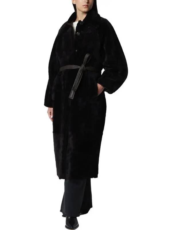BLANCHA Belted Shearling Coat - Brown