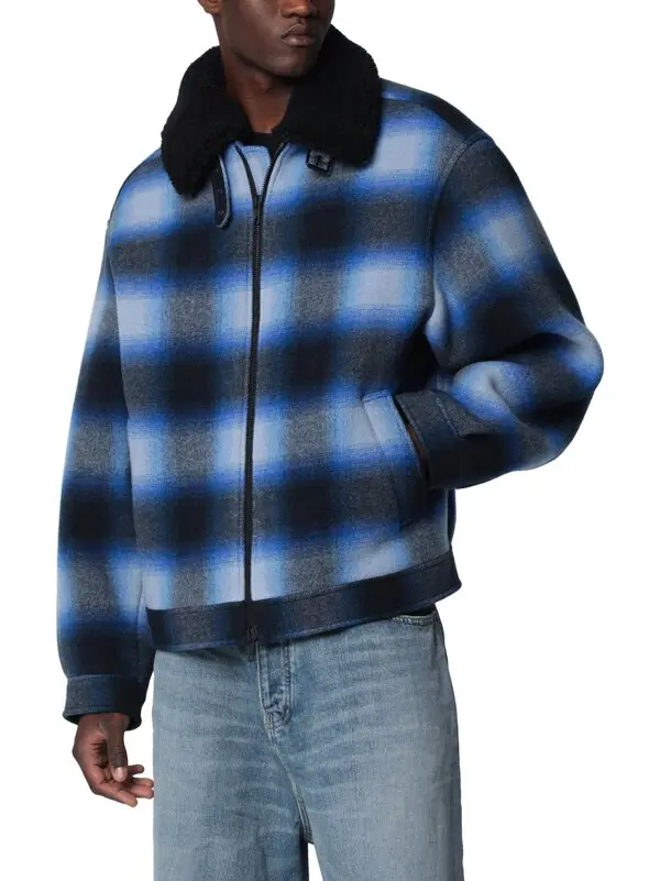 Balenciaga Wool Flannel Plaid Bomber Jacket With Shearling Collar - Blue