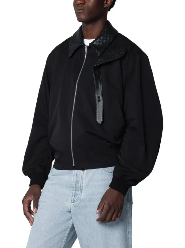 Bottega Veneta Cotton Blend Jacket With Intrecciato Leather Collar - Black
