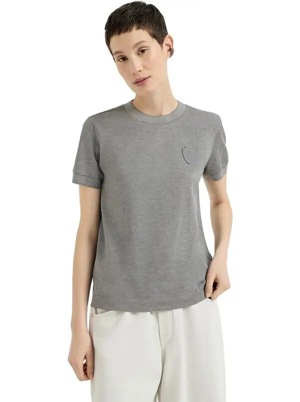 Brunello Cucinelli Stretch Cotton Piqué T-shirt With Sparkling Cotton Knit Inserts And Logo - Dark Grey