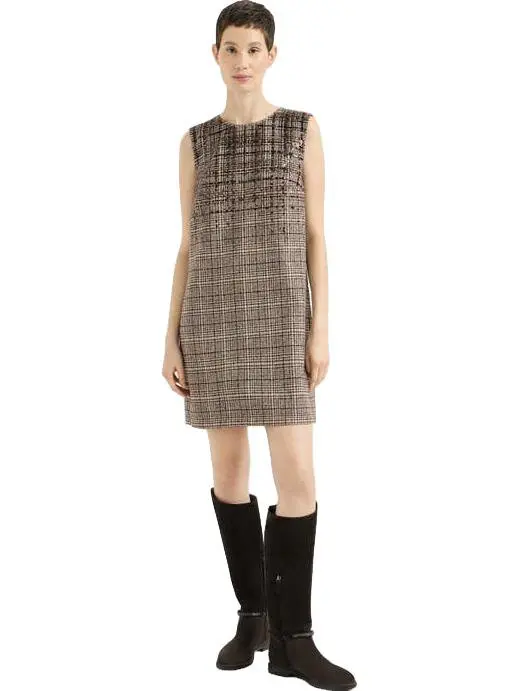 Brunello Cucinelli Checked Alpaca And Wool Mini Dress With Dazzling Degradé Embroidery - Brown
