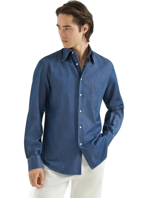 Brunello Cucinelli Lightweight Denim Shirt With Italian Collar And Chest Pocket - Dark Denim
