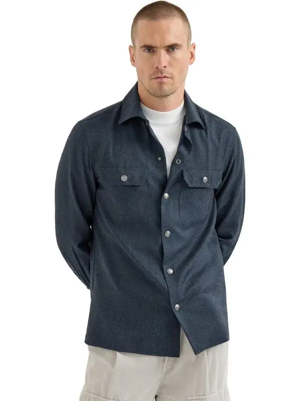 Brunello Cucinelli Virgin Wool Flannel Overshirt With Spread Collar And Chest Pockets - Denim