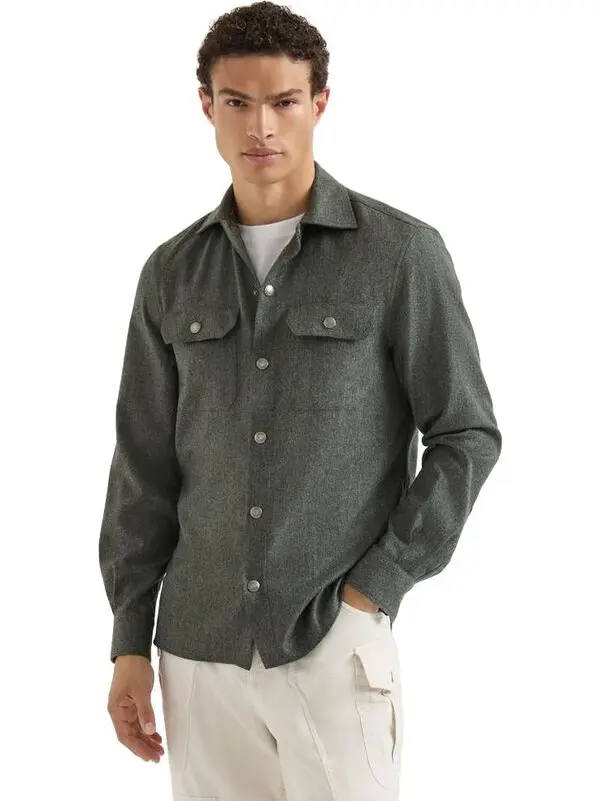 Brunello Cucinelli Virgin Wool Flannel Overshirt With Spread Collar And Chest Pockets - Forest Green