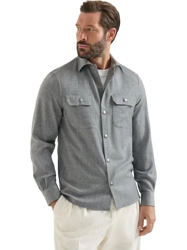 Brunello Cucinelli Virgin Wool Flannel Overshirt With Spread Collar And Chest Pockets - Grey