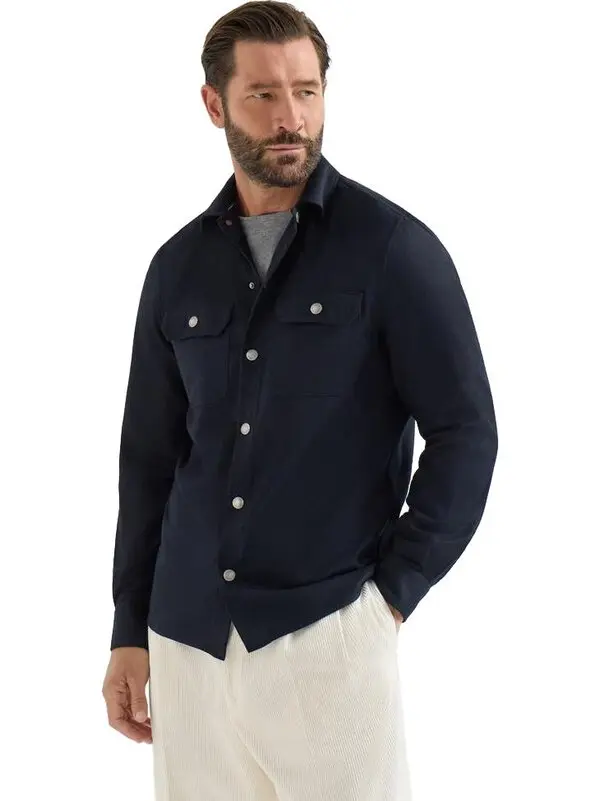 Brunello Cucinelli Virgin Wool Flannel Overshirt With Spread Collar And Chest Pockets - Navy Blue