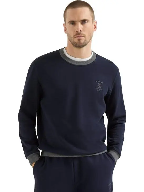 Brunello Cucinelli Cotton French Terry Sweatshirt With Embroidery - Cobalt