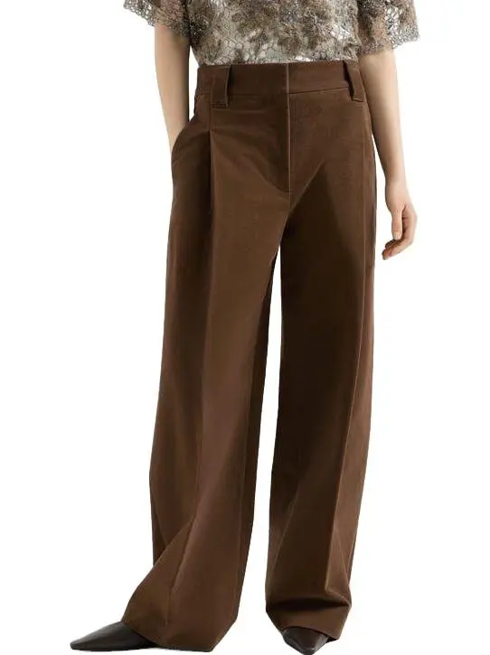 Brunello Cucinelli Stretch Cotton Moleskin Loose Sartorial Trousers With Monili Decoration - Chocolate
