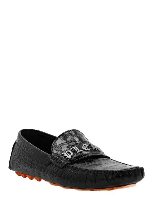 Philipp Plein Printed Crocco Leather Driver Shoes - Black