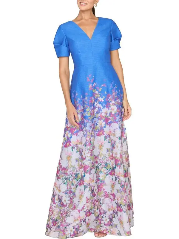 KAY UNGER Floral Print Puff Sleeve Gown - Azure Multi
