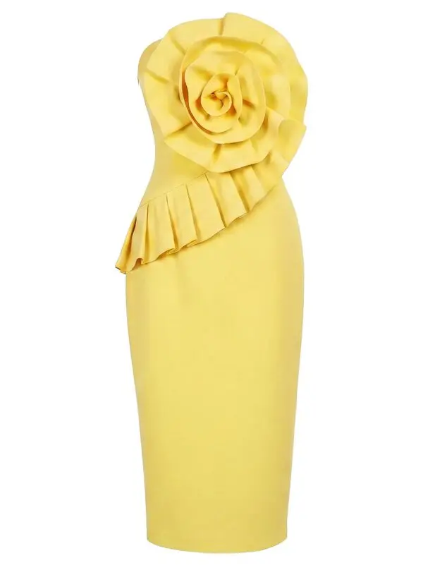 Yumi Kim Strapless Linen Midi Dress With Rose Detail - Yellow