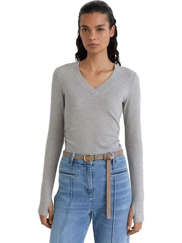 REISS V-neck Long Sleeve Ruched Top - Grey Marl