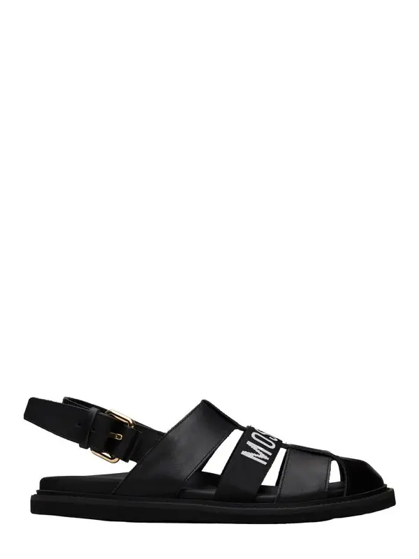 Moschino Open-toe Flat Sandals With Woven Logo Strap And Buckle Closure - Black