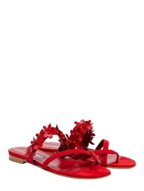 Manolo Blahnik Suede Crossover Flat Sandals With Floral Embellishments - Red