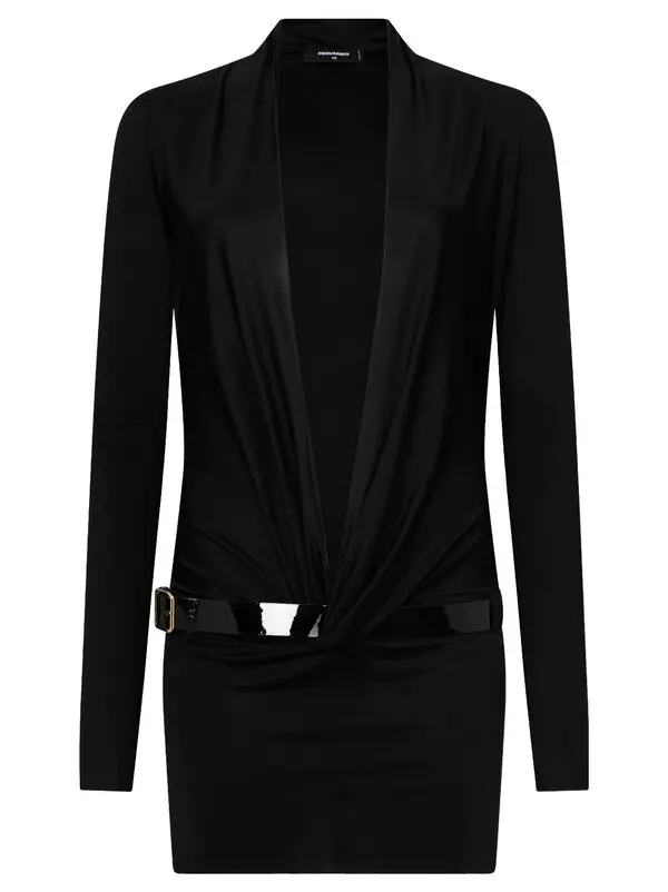 Dsquared2 Long Sleeve Deep Plunge Mini Dress With Belt - Black