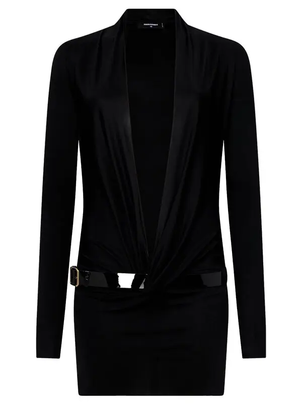 Dsquared2 Long Sleeve Deep Plunge Mini Dress With Belt - Black