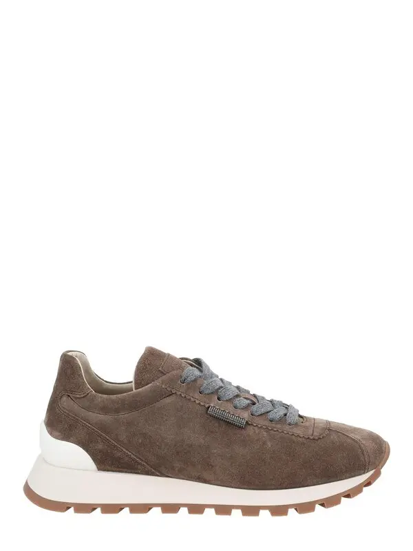 Brunello Cucinelli Suede Runner Sneakers With Shiny Tab - Brown